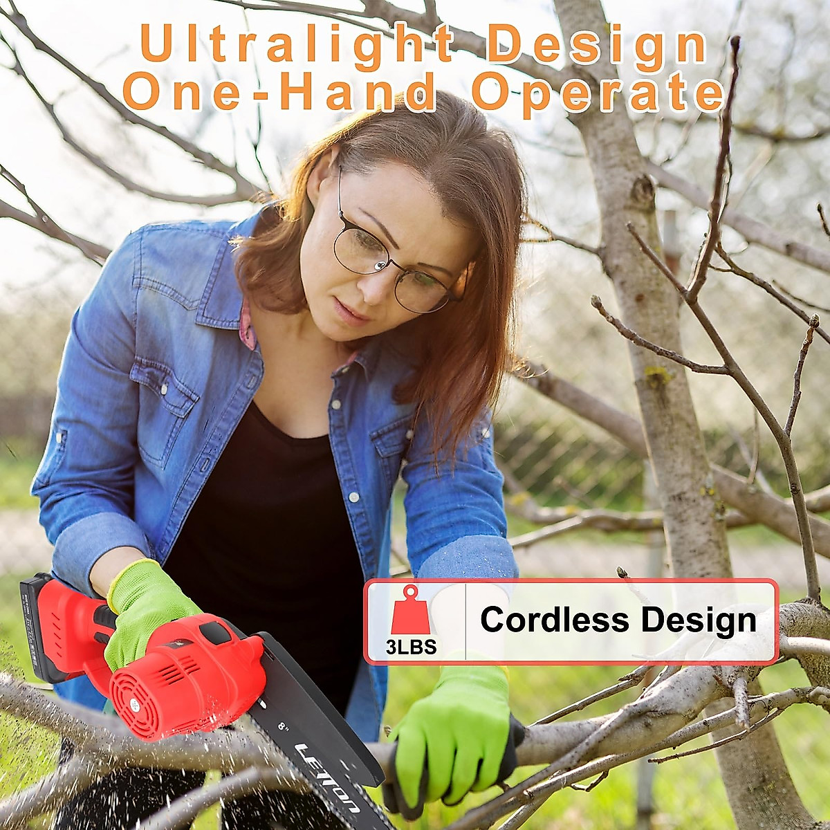 Letton Mini Chainsaw,8 inch & 6 inch electric chainsaw cordless With 21V Battery Powered,Portable Hand Held Chain Saw For Cutting Trees Branch Trimming Pruning-Red