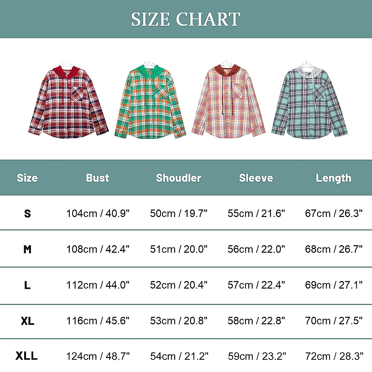 Knemksplanet Women Plaid Hooded Shirt Drawstring Flannel Sweatshirt Hoodie Jacket Casual Button Down Blouse Tops with Pocket Light Green