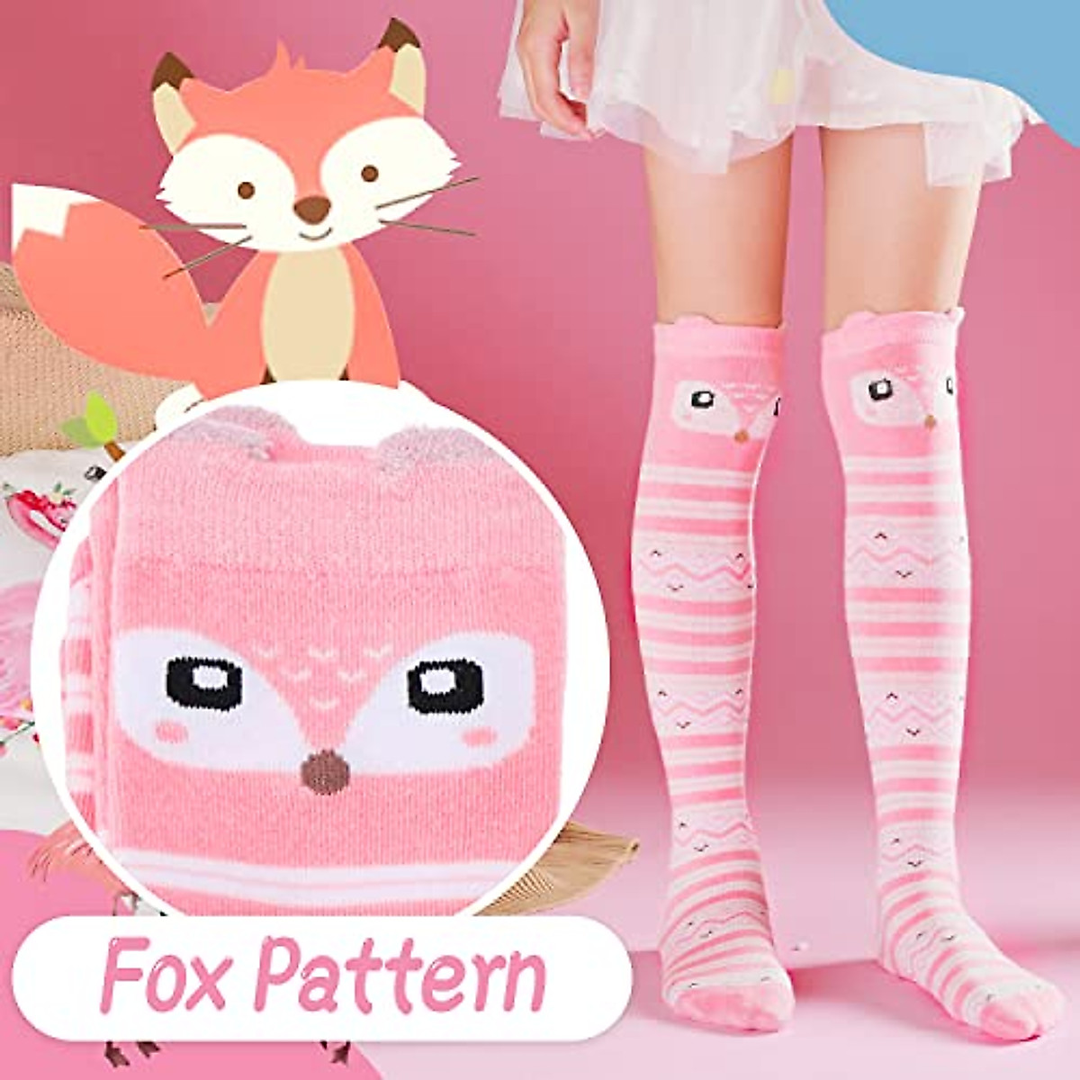 ANTSANG Kids Girls Knee High Socks Long Boot Crazy Silly Fun Gift Cute Tall Animal Socks for Child 6 Pairs Stocking Stuffers Gifts for 10 Year Old Girls Gifts Ideas (Animal A(6 Pairs))