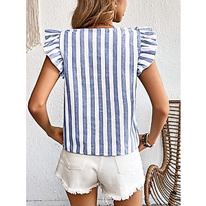 WDIRARA Women's Striped Ruffle Cap Sleeve Square Neck Boho Summer Blouse Casual Top Blue and White M