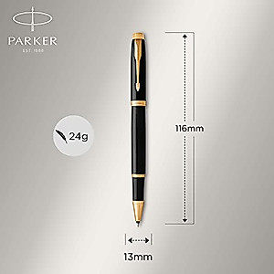 PARKER IM Rollerball Pen, Black Lacquer Gold Trim with Fine Point Black Ink Refill, Gift Box (1931659), Black and Gold