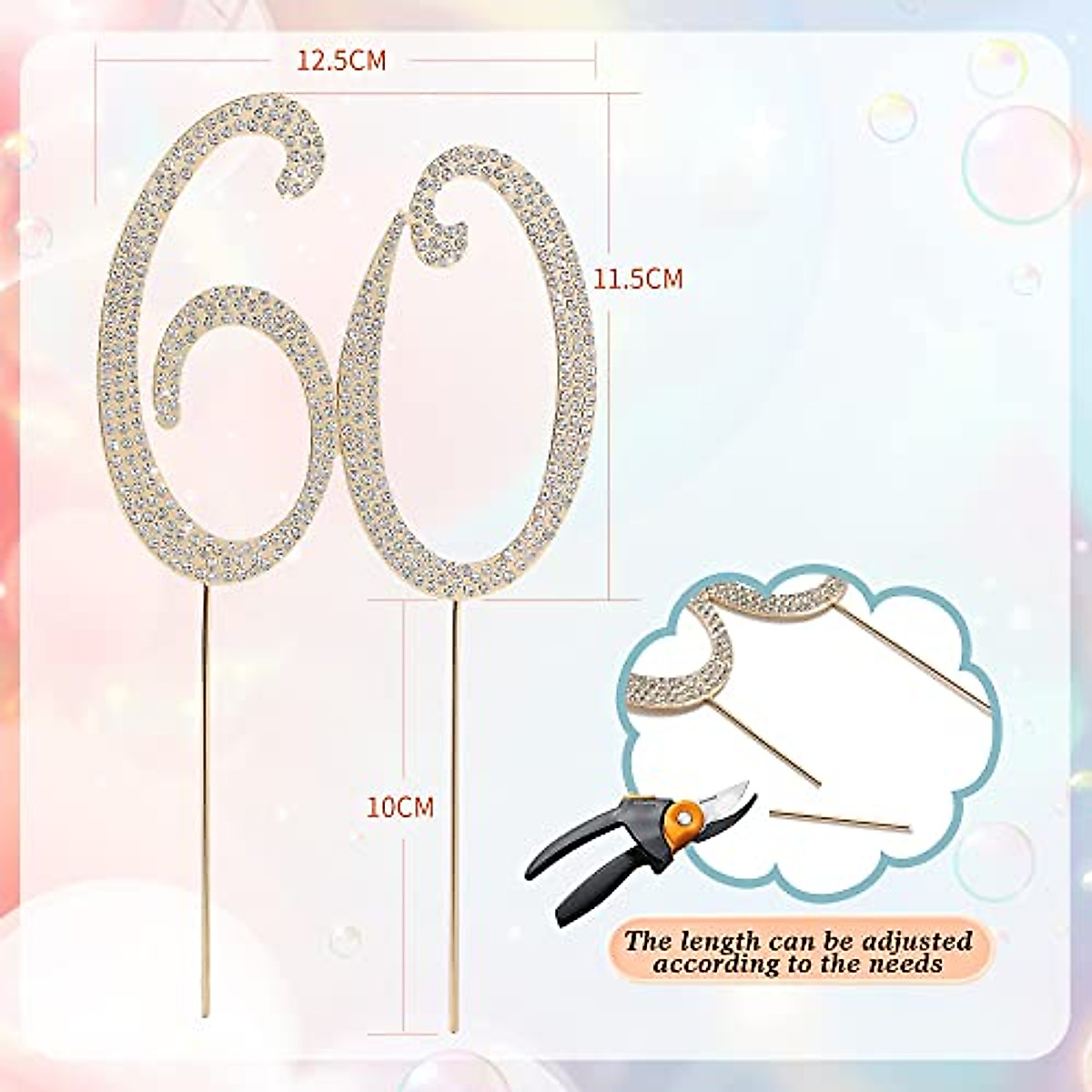 60 Cake Topper Glitter Rhinestone Cake Toppers Gold Cake Decor for 60th Birthday or Anniversary Party