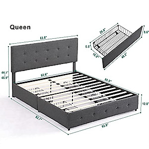 RHIZOME Queen Upholstered Platform Bed Frame with 4 Drawers Storage and Headboard Footboard, Mattress Foundation with Wooden Slats Support and No Box Spring Needed, Grey