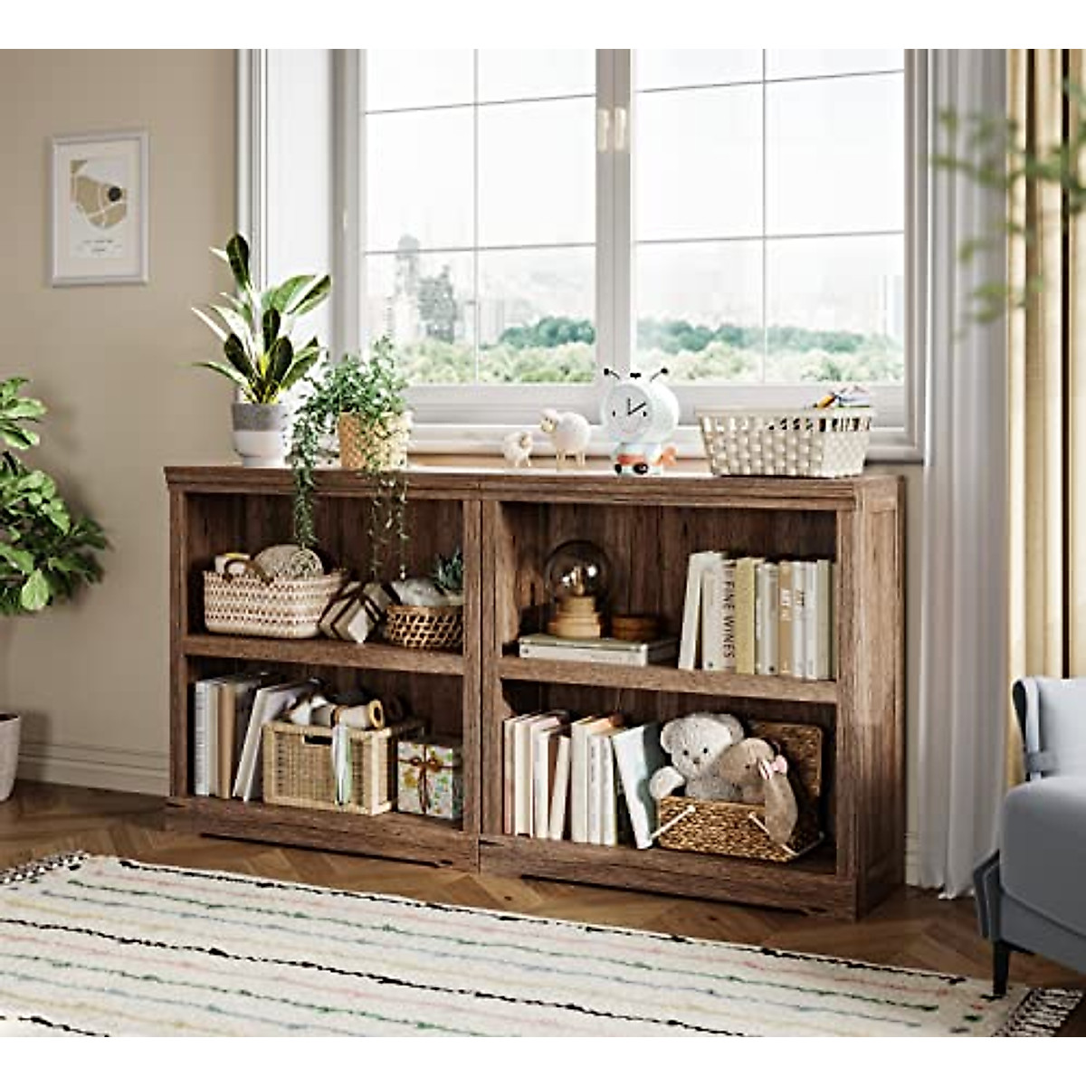 LINSY HOME 2-Tier Bookcase Display Storage Shelves Farmhouse Bookshelf for Home Office, Living Room, Bed Room - Dark Brown