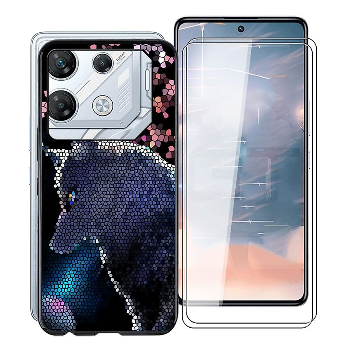 KJYFOANI for Infinix GT 10 Pro Case, with [ 2 x Tempered Glass Protective Film], Black Soft Silicone Protection Sleeves Shockproof Bumper Case for Infinix GT 10 Pro (6.67") - Collage