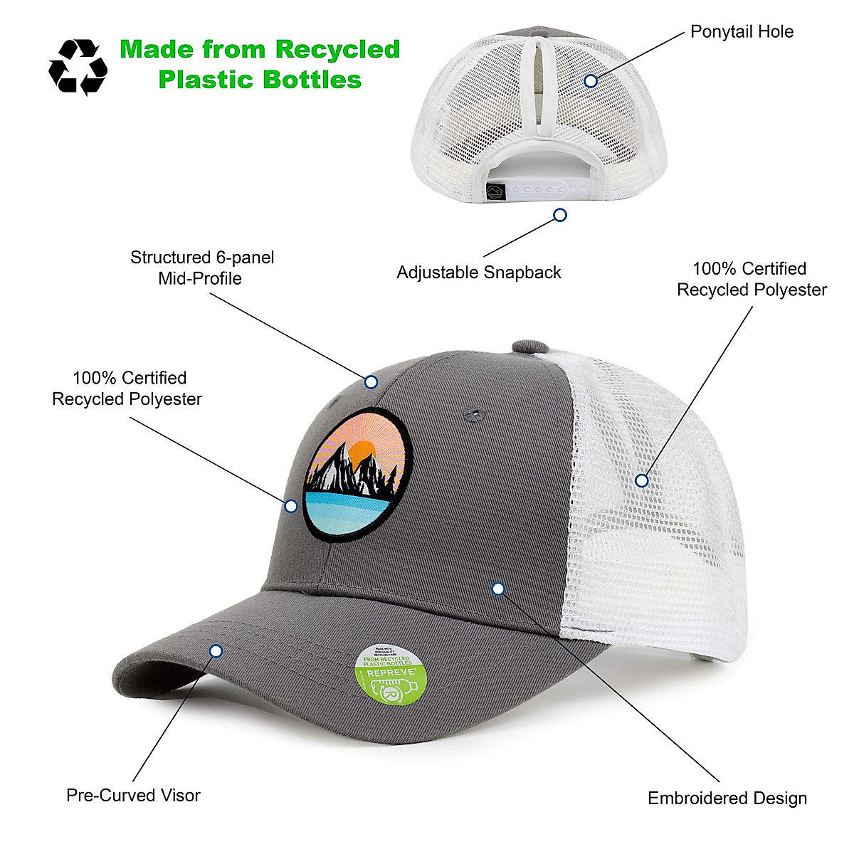 Ecofera Women's Eco-Friendly Ponytail Hat Messy Bun Baseball Trucker Cap (Grey/White Patch)