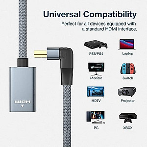 ULT-WIIQ 90 Degree HDMI Extension Cable, 4K HDMI Male to Female Nylon Braided Right Angle Extender Cable, Support 4K@60Hz, 3D, HDCP 2.2 & HDR for HDTV, PS5, PS4, Xbox One, Blu-ray Player, 1FT