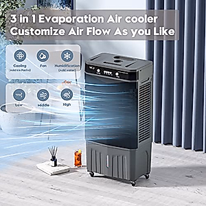 VCJ Portable Evaporative Air Cooler, 3 in 1 Cooling Fan with 6 Ice Crystal Boxes, Large Water Tank and Casters, 3-Mode 3-Speed Air Swamp Cooler for Room Home Office
