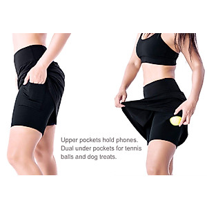 Yogipace Women's Sun Protection 17" Long Running Skirt Athletic Golf Skort with Tennis Ball Pockets Built in Shorts Black Size L
