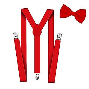 FATOS Suspenders For Men,Women Adjustable Suspends Bow Tie Set Solid Color Y Shape (Red)