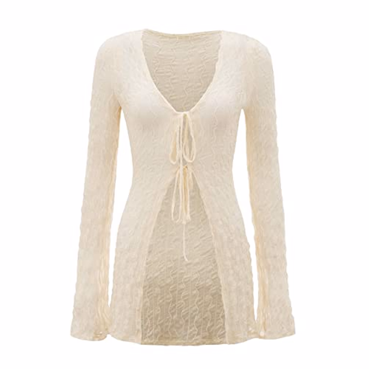 Verdusa Women's 90s Top Bell Long Sleeve Tie Front Textured Sheer T-Shirt Cardigan Beige M