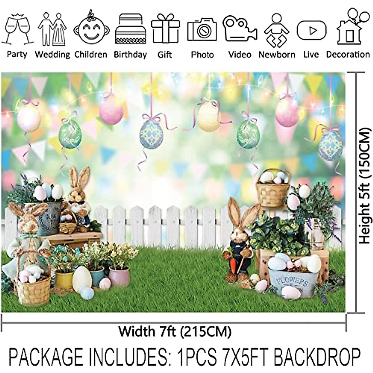 ZTHMOE 7x5ft Durable Fabric Easter Photography Backdrop Spring Garden Flower Stand Fence Eggs Grass Background Floral Bunny Tapestry Photo Booth