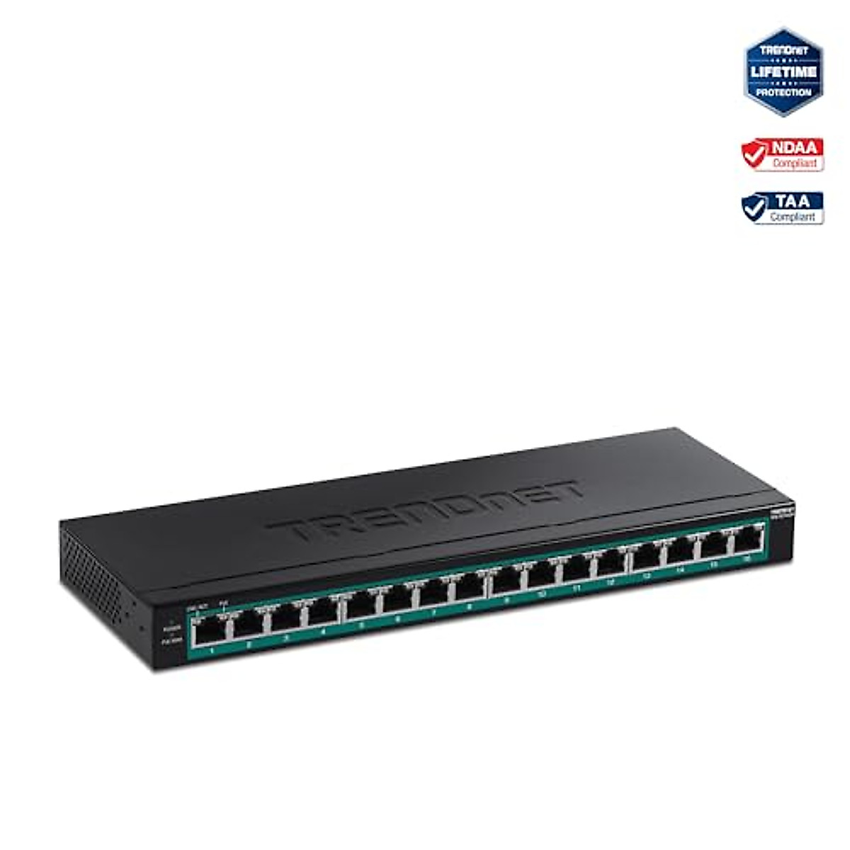TRENDnet 16-Port Gigabit PoE+ Switch, TPE-TG160H, 123W PoE Power Budget, 32 Gbps Switching Capacity, Desktop Switch, Ethernet Network Switch, Metal, 1U 10" Rack Mountable, Lifetime Protection