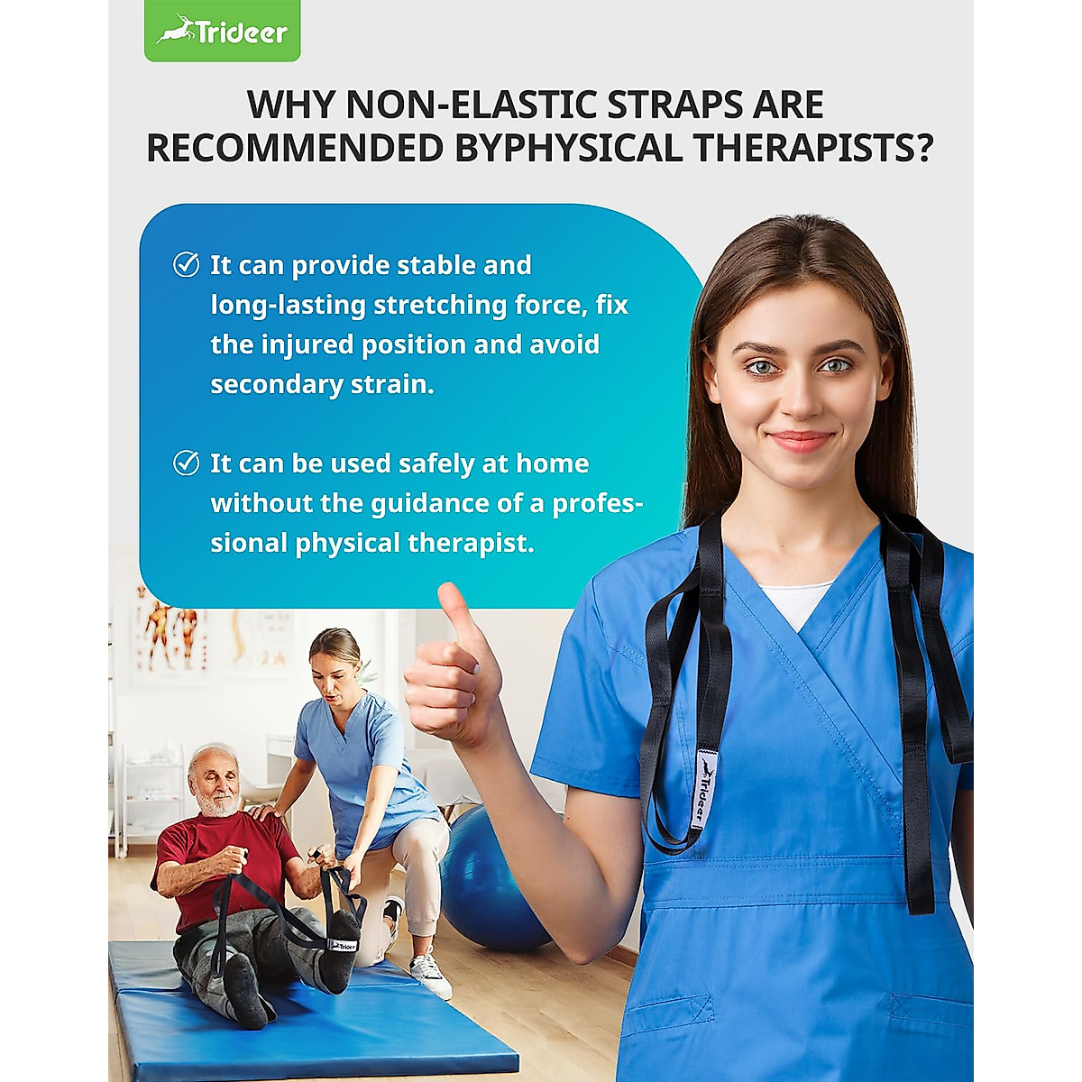 Trideer Stretching Strap Yoga Strap Physical Therapy for Home Workout, Exercise, Pilates and Gymnastics, 10 Loops Non-Elastic Stretch Bands with Aesthetic Packaging for Women & Men (Black)