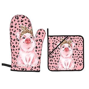Pig Oven Mitts and Pot Holders Set of 4 Washable Heat Resistant Kitchen Gloves Waterproof Oven Gloves and Hot Pads for Cooking Grilling BBQ Baking