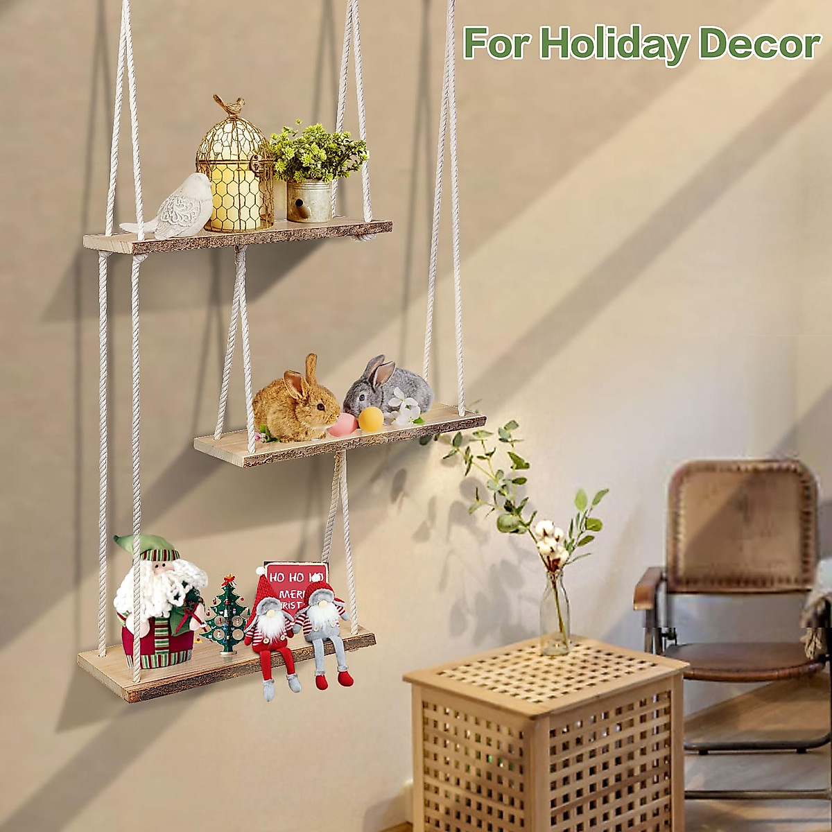 OriCre Floating Shelves Boho Wall Shelves 3 Tier Rustic Wood Hanging Shelves Adjustable Rope Shelf for Boho Aesthetic Room Decor Bedroom/Living Room/Bathroom/Kitchen/Corner/Plant,Book,Décor