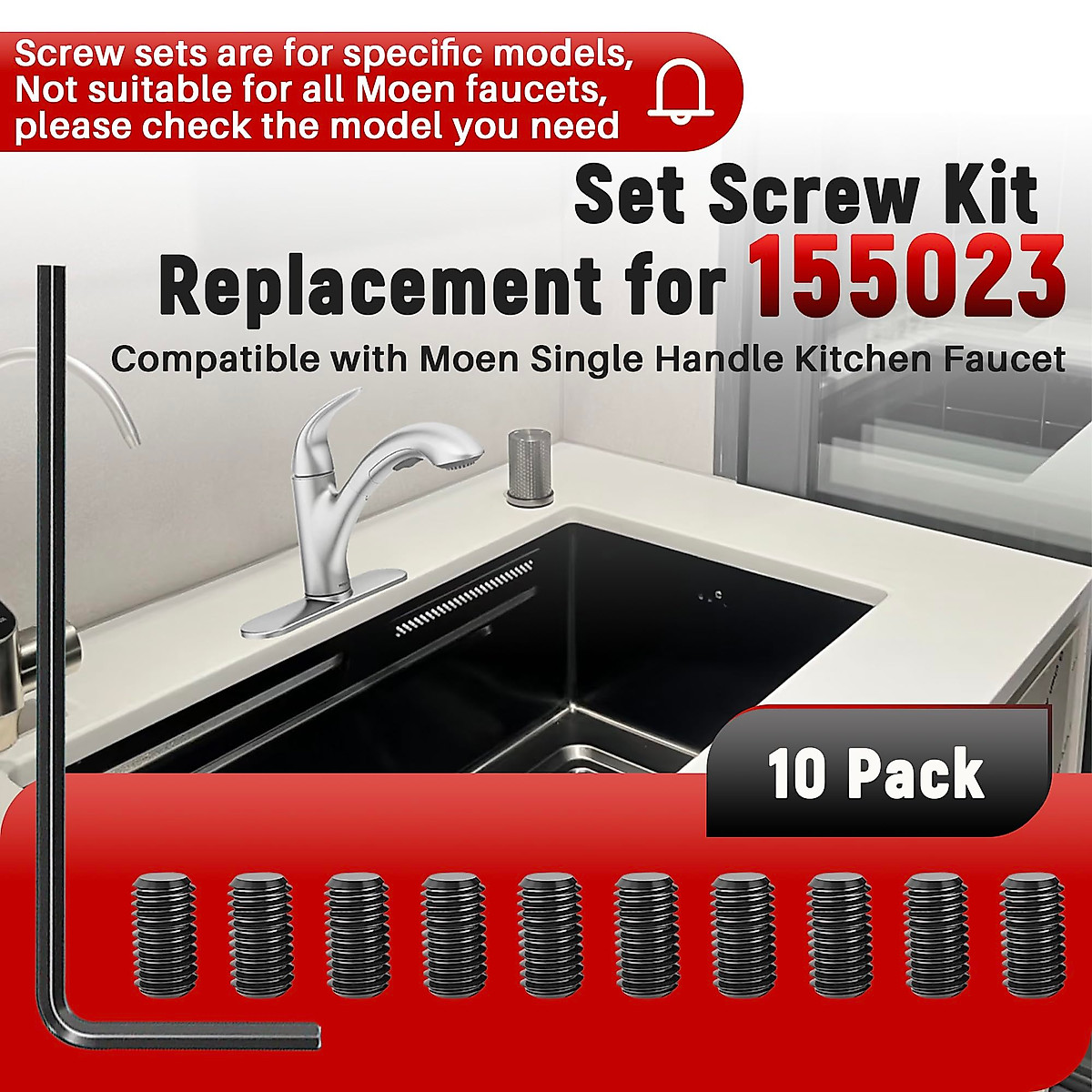 Terixe 10-Pack 155023 Screw Kit Replacement for Moen | Carbon Steel Set Screw Kit | Includes Wrench for Kitchen Faucet Handle Repair & Faucet Replacement Parts