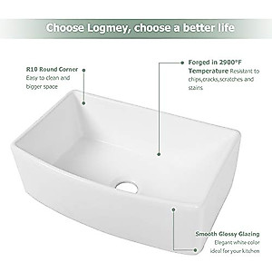 30 White Farmhouse Sink - Logmey 30 inch Kitchen Sink Arch Edge Curved Ceramic Fireclay Apron Front Single Bowl Farm Sink