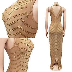 PORRCEY Women's Sexy Hot Drilling Craft Dress Bodycon Party Club Night Out Dress(5259,Gold,S)