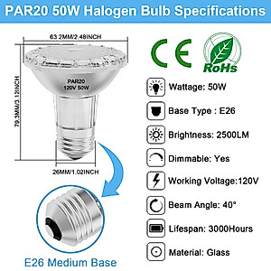 Par20 Bulbs, 6 Pack 120V 50W Par20 Halogen Light Bulbs 2500 Lumens High Output, Dmimable Reflector Par20 Flood Bulb for Recessed Light, Track Light, Range Hood Light, E26 Medium Base, Warm White