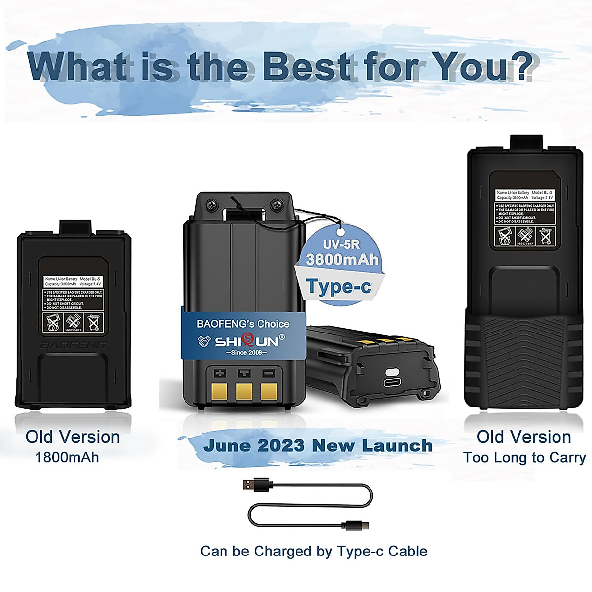 UV-5R Battery Enlarge Rechargable Type-c Charger 3800mAh BL-5 for Walikie Talkie BF-F8HP UV-5RE RD-5R UV-5RTP UV-5X3 USB-C Ham Radio Accessories (BL-5L BAOFENG Battery Series)