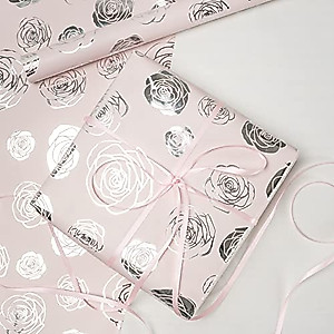 WRAPAHOLIC Wrapping Paper Roll - 24 Inch X 100 Feet Jumbo Roll Rose with Silver Foil Design, Perfect for Wedding, Birthday, Holiday, Baby Shower and More Occasions