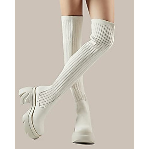 Shoe'N Tale Thigh High Knit Sock Boots Round Toe Mid Chunky Heel Stretch Over the Knee Boots for Women(7,Cream-unique Heel)