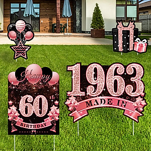 60th Birthday Signs Rose Gold Birthday Party Decorations - 4pcs Happy Birthday Yard Signs with Stakes for Women,60th Birthday Yard & Lawn Decorations,Made in 1963 Funny Bithday Backdrop Party Supplies