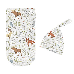 Sweet Jojo Designs Woodland Animal Toile Baby Boy or Girl Cocoon and Beanie Hat 2pc Set Jersey Stretch Knit Sleeping Bag for Infant Newborn Nursery Sleep Wrap Sack - Grey Green Forest Bear Deer Fox