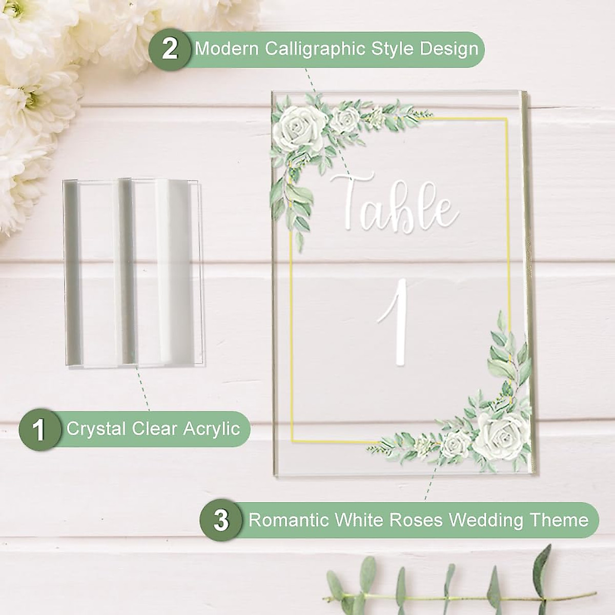 OurWarm White Rose Acrylic Wedding Table Numbers 1-20, 4x6 Inch Printed Calligraphy Table Number with Stands, Clear Table Number Signs and Holders, Perfect for Wedding Reception Anniversary Event