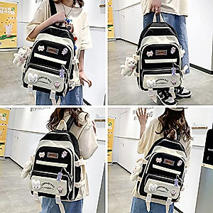 YGYCF Kawaii Backpack 5Pcs Set for Student with Cute Bear Accessories - School Bags for Teen Girls Back to School Supplies Essentials Aesthetic Bookbag, B Black