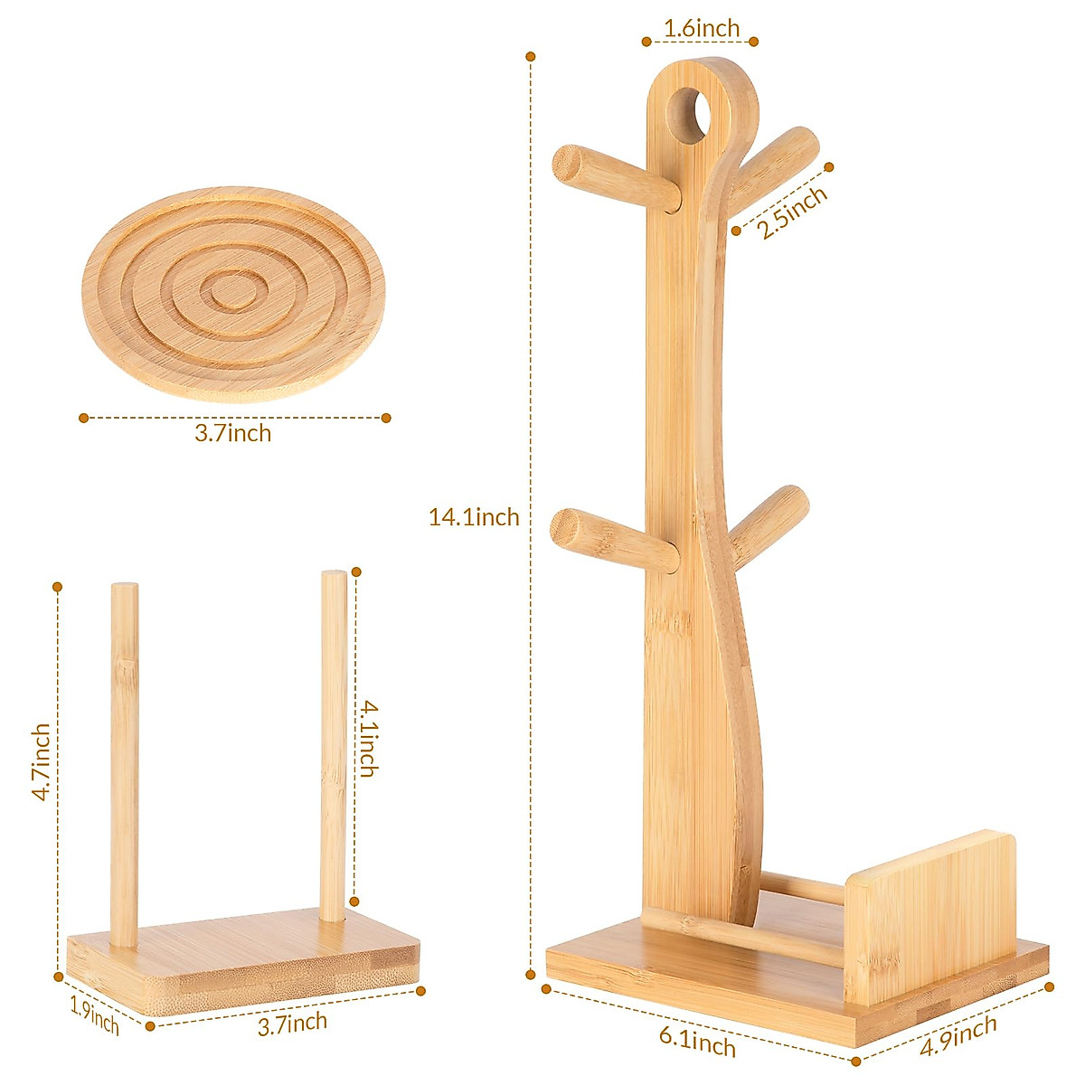 E-ROOM TREND Bamboo Mug Holder with Coasters 4 Pcs, Coffee Mug Tree for Large Mugs with 4 Hooks Stand for Countertop Coffee Bar Accessories Decor Coffee Organizer Station(MHC400)