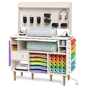 𝐂𝐫𝐚𝐟𝐢𝐭 Craft Table for Cricut Machines, Organizers and Storage Cabinet with USB Ports and Outlets, Crafting Desk Vinyl Roll Holder Tool Accessories Organization with Storage and Pegboard