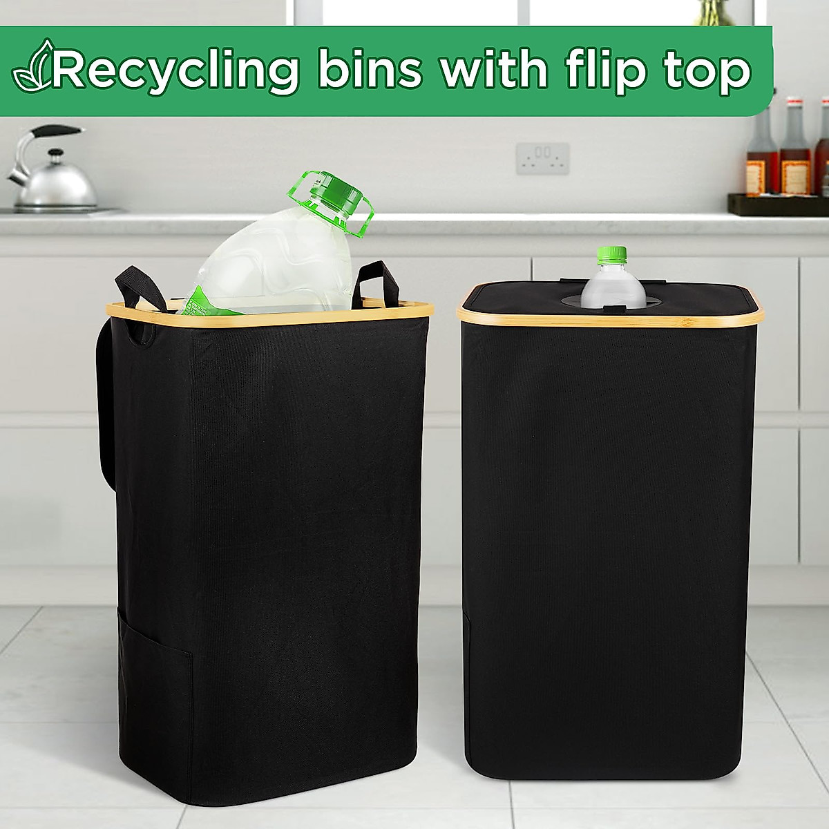 BEAUTIFABLE Recycling Bin for Kitchen, 26 Gallon Indoor Large Recycle Bin with Lid and 2 Removeable Reusable Inner Bag Collecting Bottle Can Waste Plastice （Black
