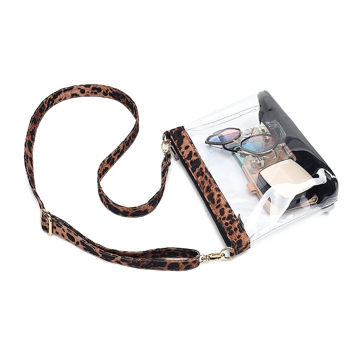 LOXOMU Clear Purses for Women Stadium, Leopard Print Clear Crossbody Bag, Clear Bag and Handbag with Adjustable Shoulder Strap for Work, Travel, Concerts (Brown)