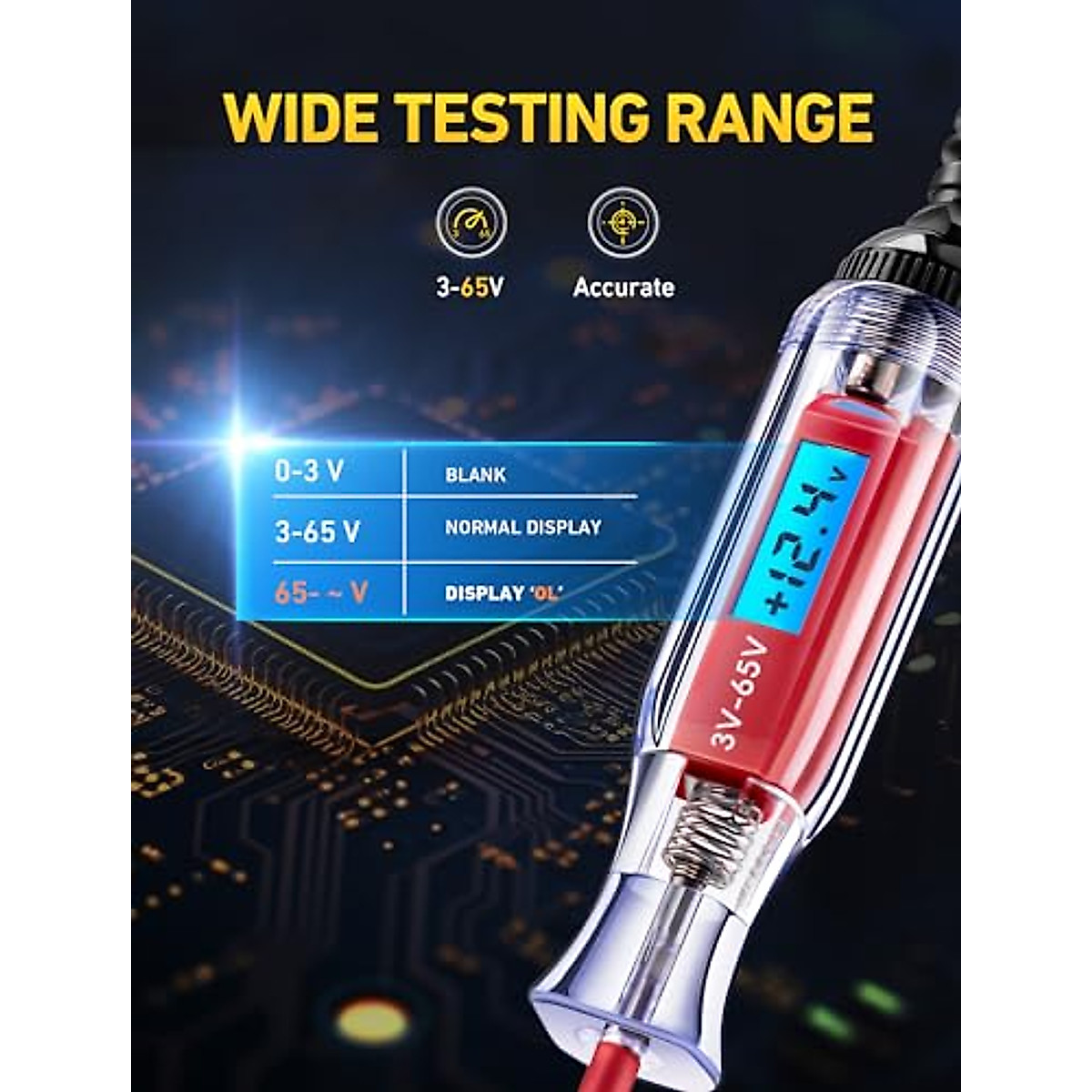 Heavy Duty 3-65V Backlit Digital LCD Circuit Tester, Test Light with 140 Inch Extended Spring Wire, Car Truck Low Voltage & Light Tester with Stainless Probe