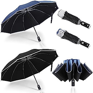 Sanwuta 2 Pcs Folding LED Umbrella Travel Umbrella Reflective Umbrella Compact Portable Parasol Waterproof Umbrella Auto Open Close Golf Umbrella, Black and Blue