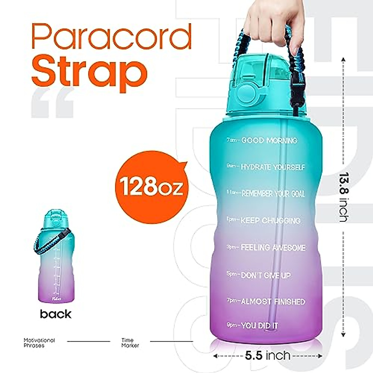Fidus Large 1 Gallon Motivational Water Bottle with Paracord Handle & Removable Straw - BPA Free Leakproof Jug with Time Marker to Ensure You Drink Enough Water Throughout the Day-Green/Purple