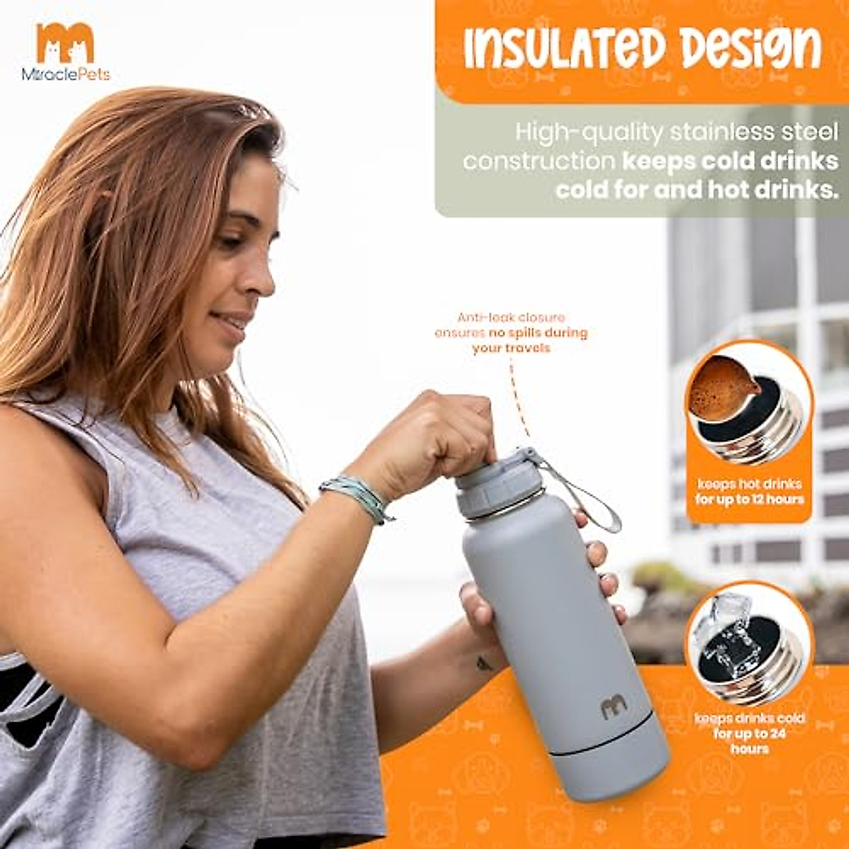 Miracle Pets Portable Dog Water Bottle with Bowl Attached 32oz Insulated Stainless Steel Water Bottles for Sports Hiking Easy Handle Dog Travel Accesories Portable Dog Bowl (Misty Rose)