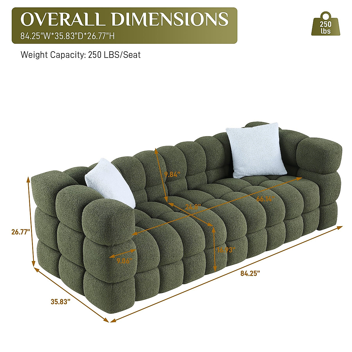 Wrofly Boucle Sofa Couch, 84.3" Comfy Upholstered Sherpa Deep Seat Cloud Couch, Cozy Modern Tufted 3 Seater Couch with 2 Pillows for Living Room Apartment Office, Olive Green