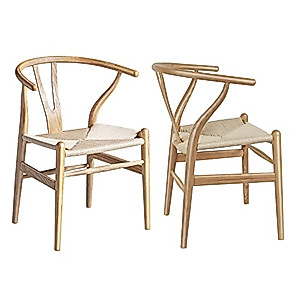 Polynices Wishbone Chair, Weave Modern Solid Wood Mid-Century Y Shaped Backrest Dining Chair (Natural Set of 2)