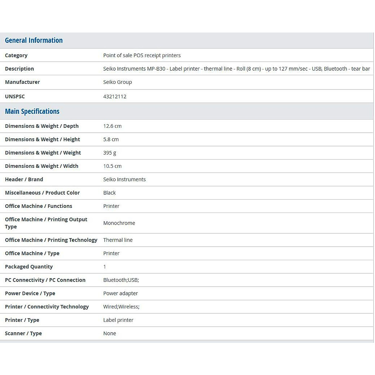 Seiko Printer MP-B30-B02JK1-E9 Compact Mobile Thermal Printer Bluetooth Interface
