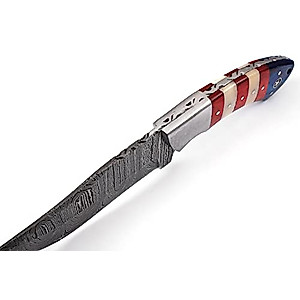 sharp knives Damascus hunting Knife With Leather Sheath- Best Damascus Steel American Flag Hunting Knife 703AF