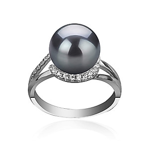 Royisal Black 9-10mm AAA Quality Tahitian 925 Sterling Silver Cultured Pearl Ring For Women - Size-7