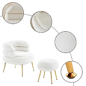 Modern Accent Chair with Ottoman - Barrel Chair with Golden Metal Legs - Velvet Single Sofa Reading Chair - Upholstered Tufted Lounge Chair - Armchair with Footrest for Bedroom Living Room - Beige