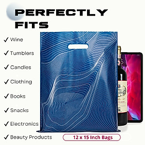 Rainbows & Lilies 100 Merchandise Bags 12x15 - Plastic Bags with Handles, Retail Shopping Bags for Small Business, Goodie Bags for Party Favors, T-Shirts, Gift Bags Bulk - Thick Reusable Bags (Blue)