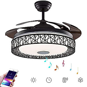 FINE MAKER 42 in Bluetooth Retractable Ceiling Fan with Light and Remote Control, LED 3-Color Light 3 Speed Retractable Blades, Bluetooth Invisible Fandelier Fan for Living Room/Restaurant/Bedroom