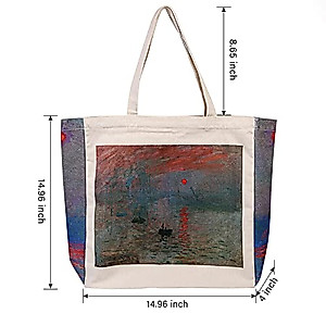Sanmuci Canvas Tote Bag, Women's Large Zip Canvas Bag with Pockets, Vintage Graphic Aesthetic Shoulder Bags, Reusable Grocery Lunch Bag - Monet·Sunrise Impression