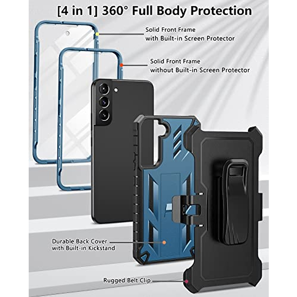 FNTCASE for Samsung Galaxy S22 Plus Case: Shockproof Durable S22+ Cell Phone Cover with Built-in Kickstand | TPU Bumper Textured | Full-Body Protective Rugged Belt-Clip Holster Designed Blue