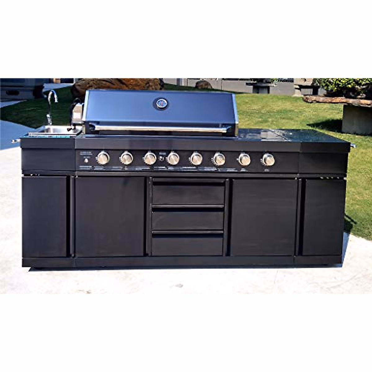 Black Stainless Steel 8 Burner 3 in 1 Island BBQ Outdoor Electric Grill Kitchen, Propane or Natural Gas, with Sink, Side Burner, LED Lights on Knobs, and Free Protective Grill Cover